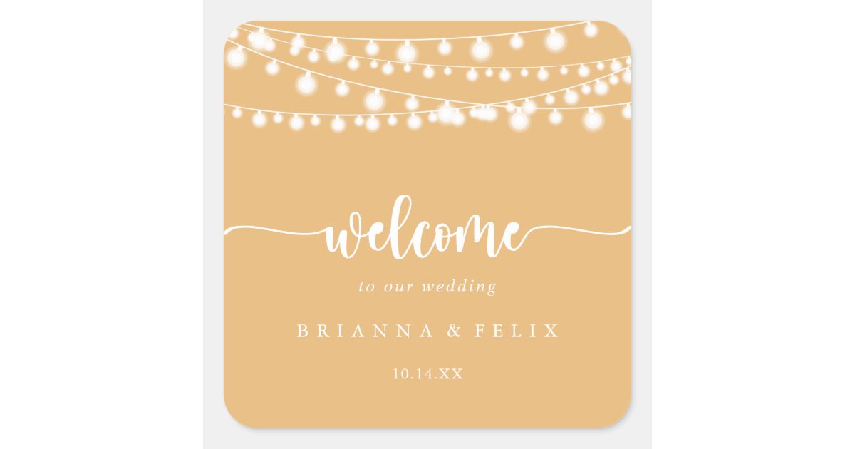 Rustic String Lights Yellow Wedding Welcome Square Sticker | Zazzle