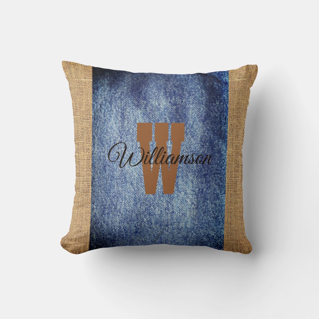 Rustic Style Blue Denim and Burlap Effect Throw Pillow | Zazzle