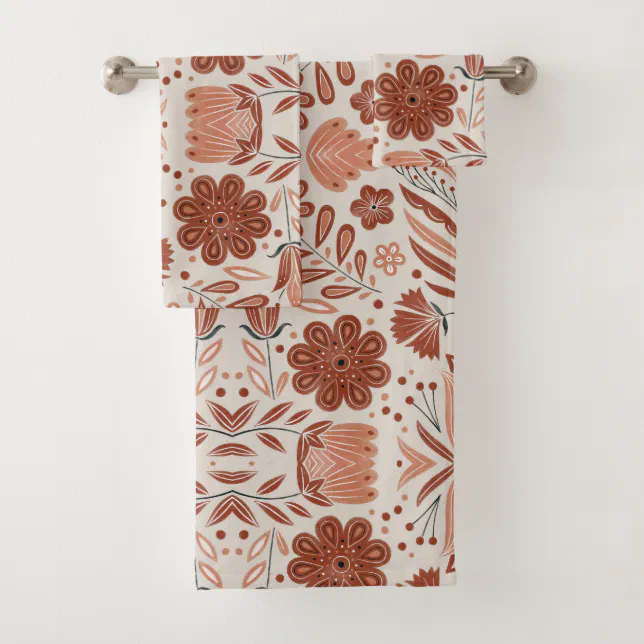 Rustic Stylized Terracotta Floral Pattern Bath Towel Set | Zazzle