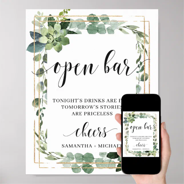 Rustic succulent greenery foliage open bar sign | Zazzle