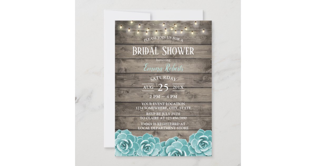 Rustic Succulent String Lights Bridal Shower Invitation | Zazzle