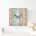 Rustic Summer Beach Wood Nautical Stripes & Anchor Square Wall Clock ...