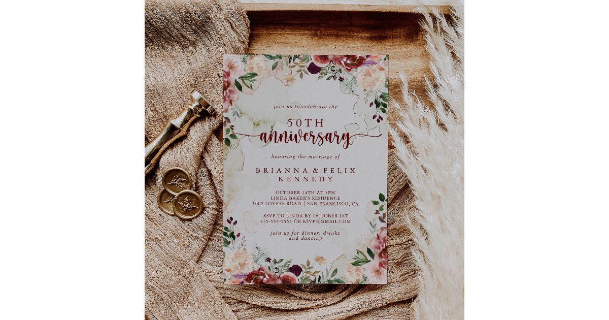 Rustic Summer Floral 50th Wedding Anniversary Invitation | Zazzle