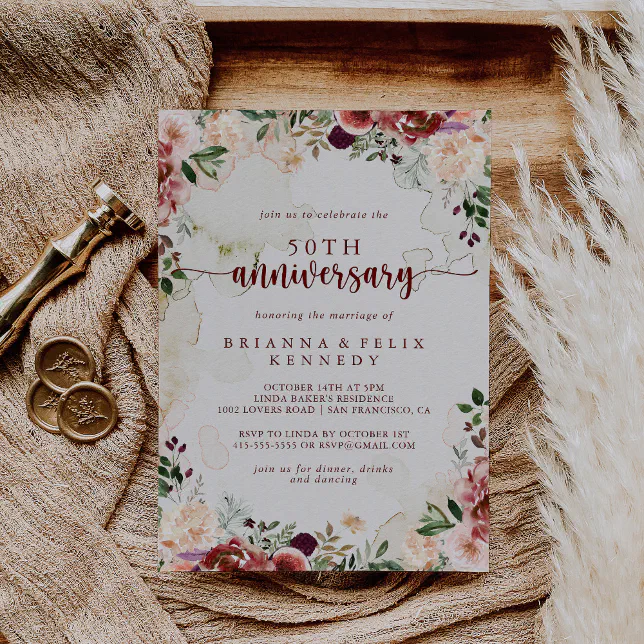 Rustic Summer Floral 50th Wedding Anniversary Invitation | Zazzle