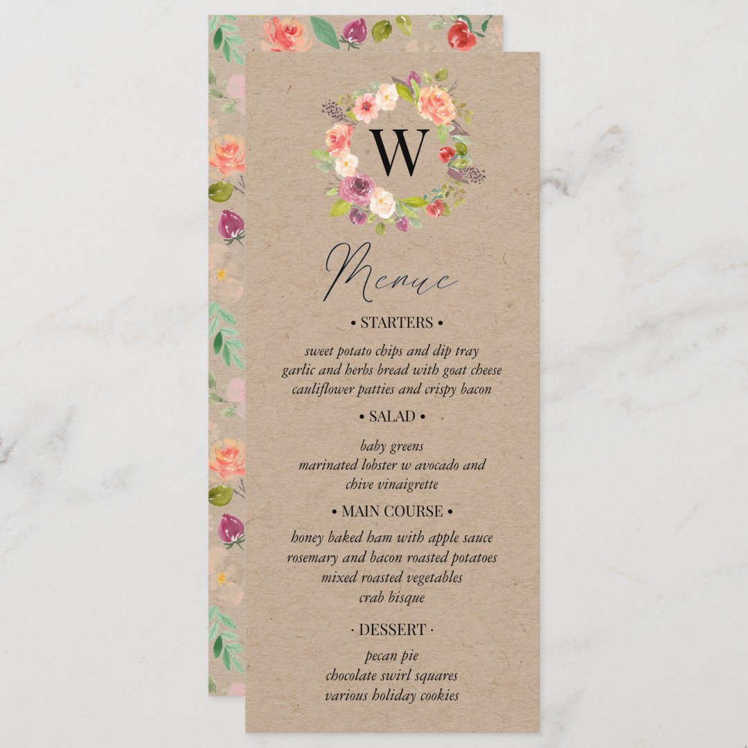 Rustic Summer Floral Wedding Menu card | Zazzle