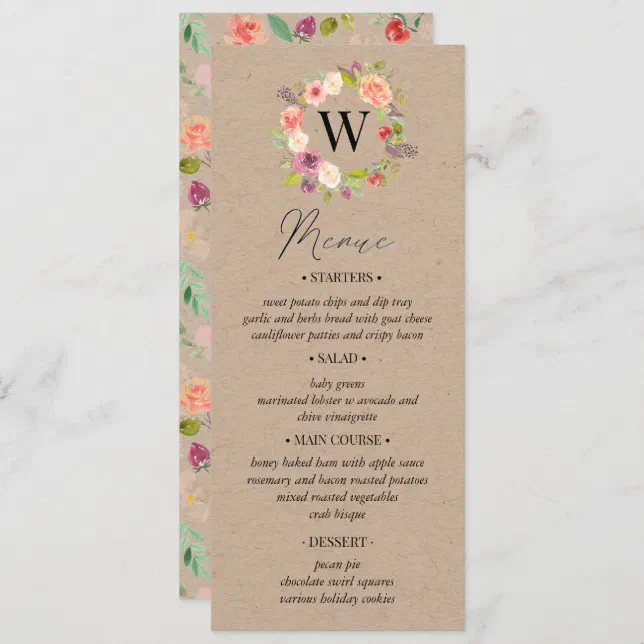 Rustic Summer Floral Wedding Menu card | Zazzle