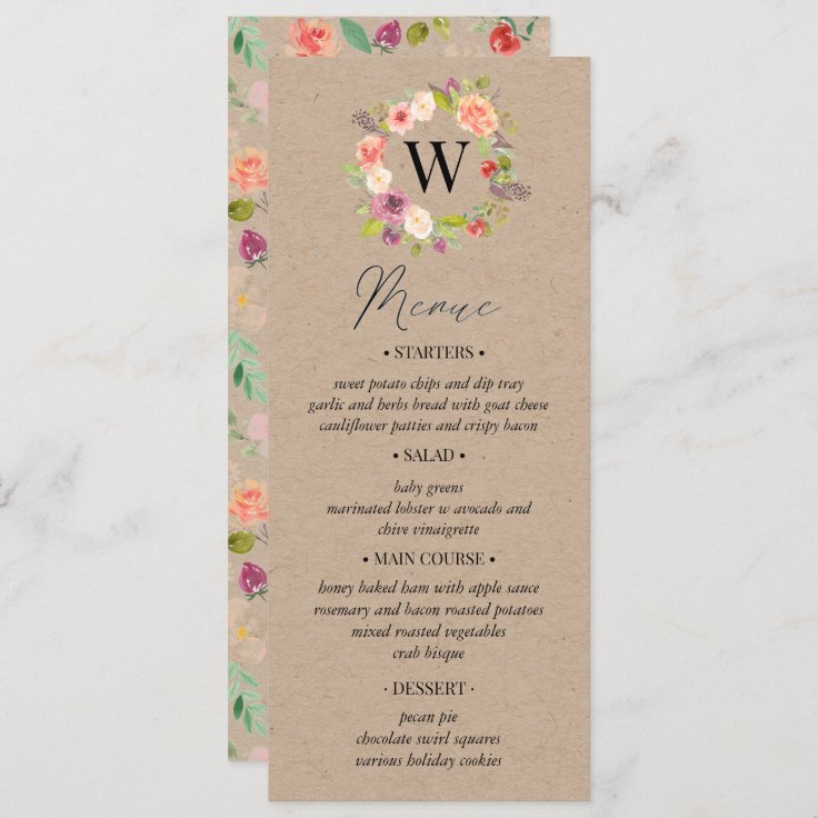 Rustic Summer Floral Wedding Menu card | Zazzle