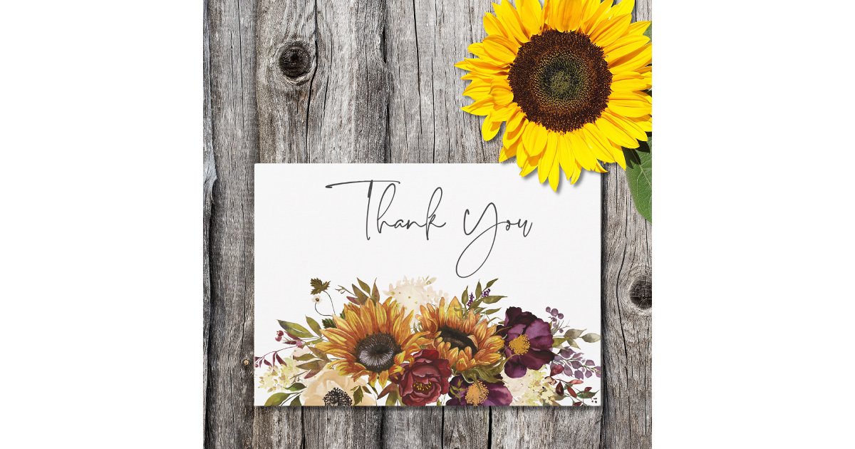 Rustic Summer Sunflowers & Burgundy Floral Wedding Thank You Card | Zazzle