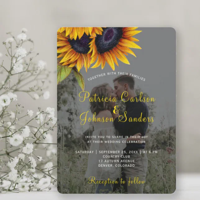 Rustic sunflower 2 photos wedding invitation | Zazzle