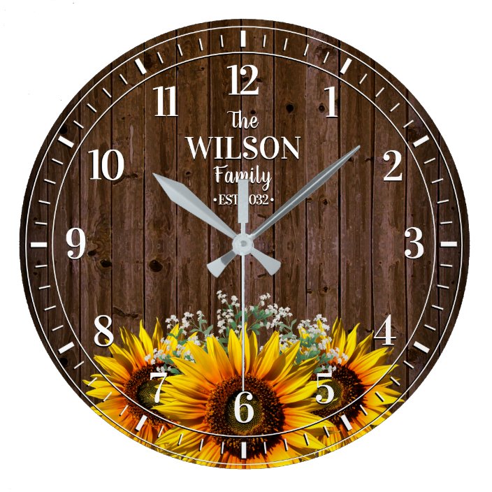 Rustic Sunflower and Wood Family Name Large Clock | Zazzle