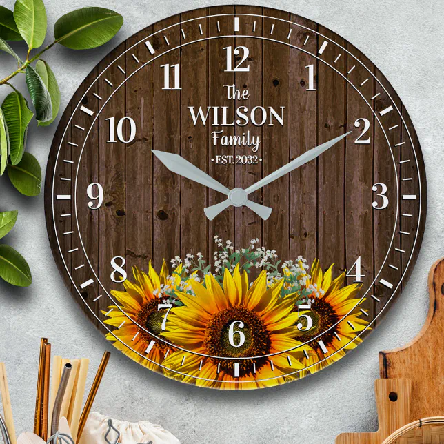 Rustic Sunflower and Wood Family Name Large Clock | Zazzle
