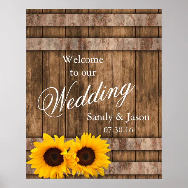 Rustic Sunflower Barn Wood Wedding Welcome Poster | Zazzle