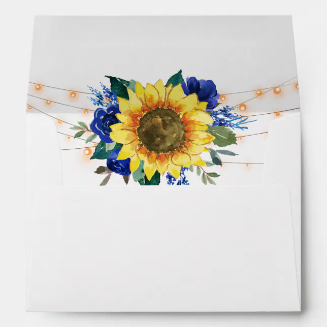 Rustic Sunflower Blue Floral Lights Wedding Envelope | Zazzle