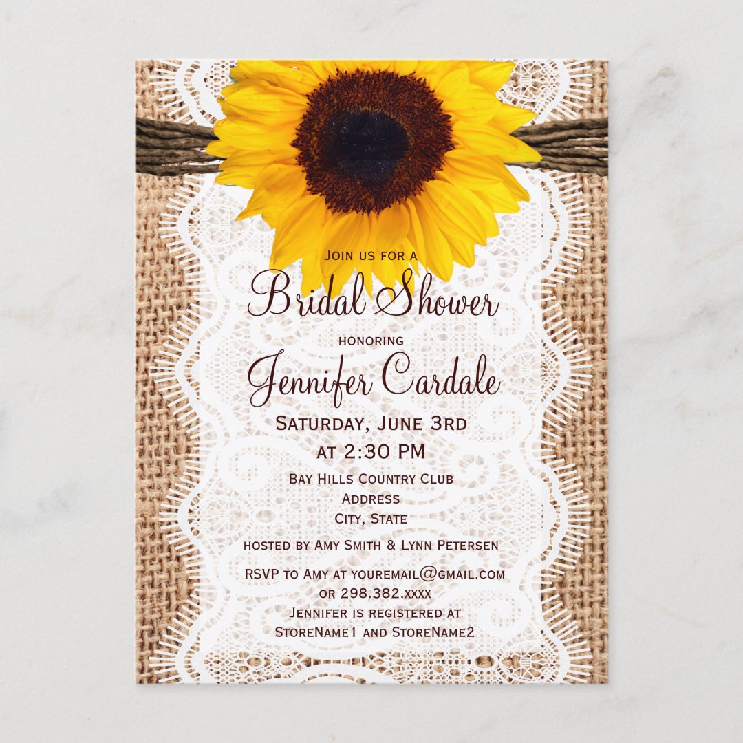 Rustic Sunflower Bridal Shower Invitation Postcard | Zazzle