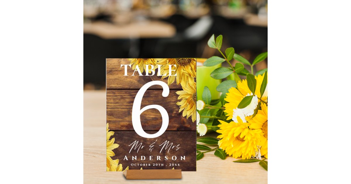 Rustic Sunflower Bright Yellow Wedding Party Table Number | Zazzle