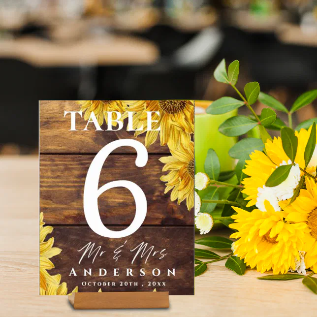 Rustic Sunflower Bright Yellow Wedding Party Table Number | Zazzle
