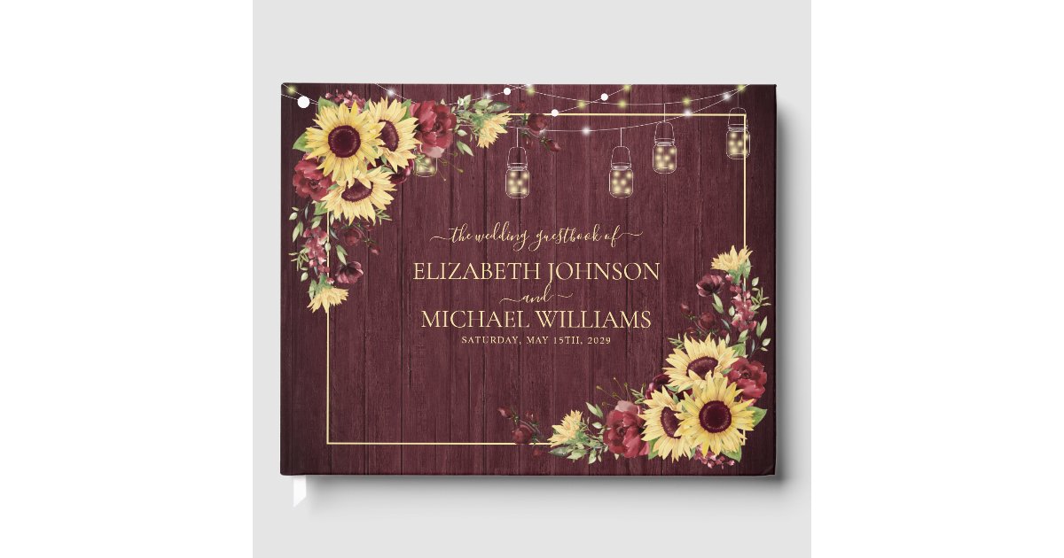 Rustic Sunflower Burgundy Wood Floral Wedding Guest Book | Zazzle