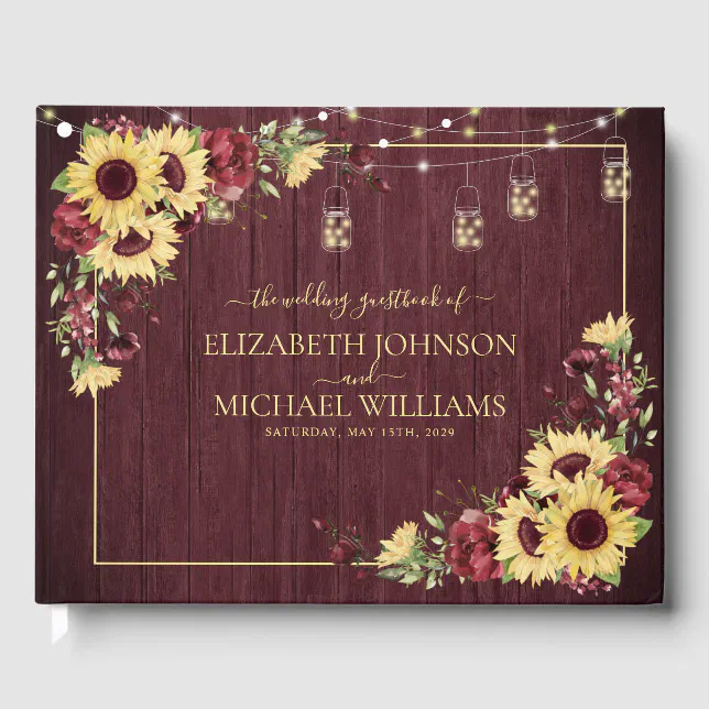 Rustic Sunflower Burgundy Wood Floral Wedding Guest Book | Zazzle