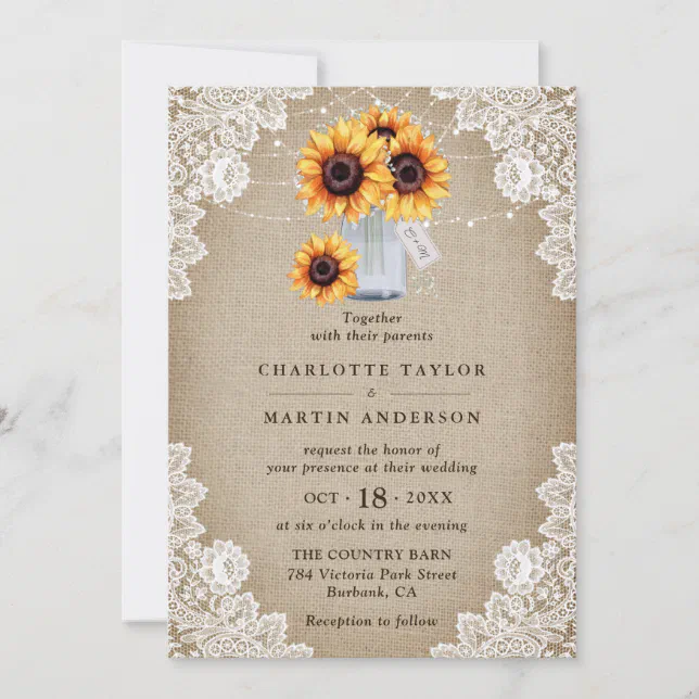 Rustic Sunflower Burlap Lace Mason Jar Wedding Invitation | Zazzle