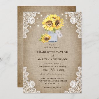 Rustic Sunflower Burlap Lace Mason Jar Wedding Invitation | Zazzle