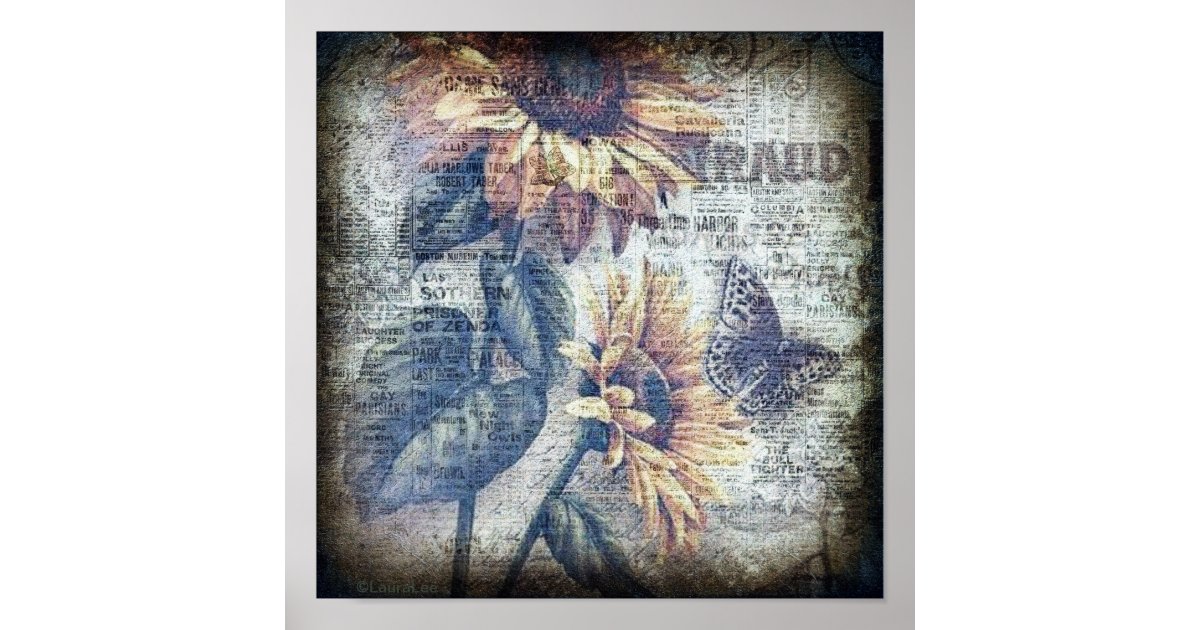 Rustic Sunflower Butterfly Ephemeral Grunge Poster | Zazzle