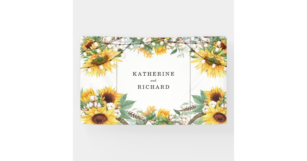 Rustic Sunflower Colorful String Lights Wedding Banner | Zazzle