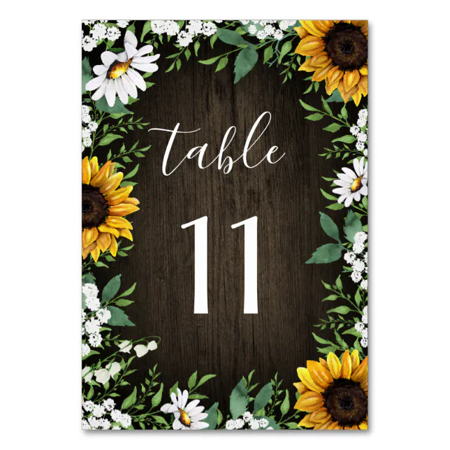 Rustic Sunflower Daisy Wedding Table Number Cards | Zazzle