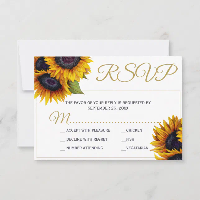Rustic sunflower elegant chic gold script wedding RSVP card | Zazzle