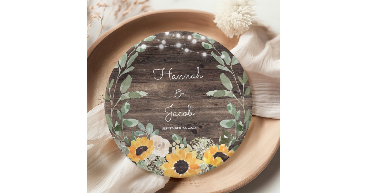 Rustic Sunflower Eucalyptus Barn Wood Paper Plates | Zazzle