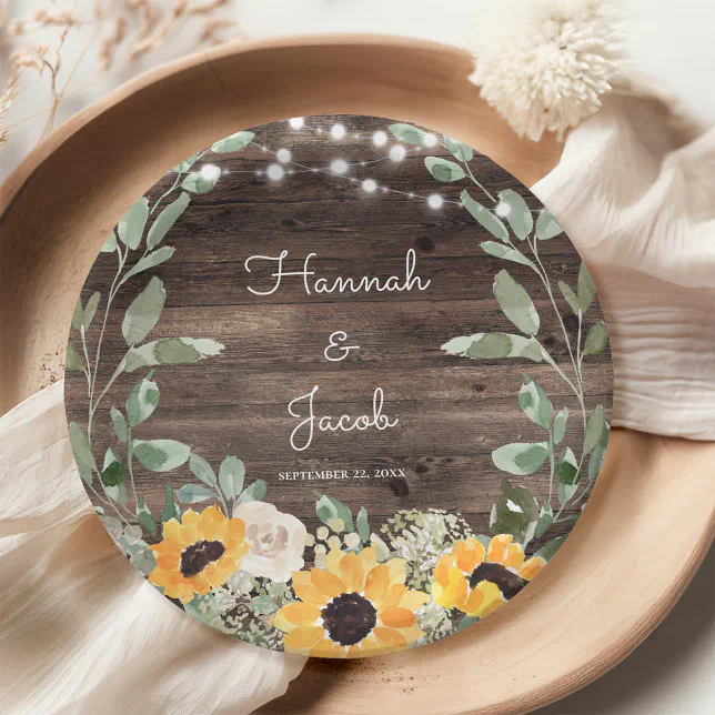 Rustic Sunflower Eucalyptus Barn Wood Paper Plates | Zazzle