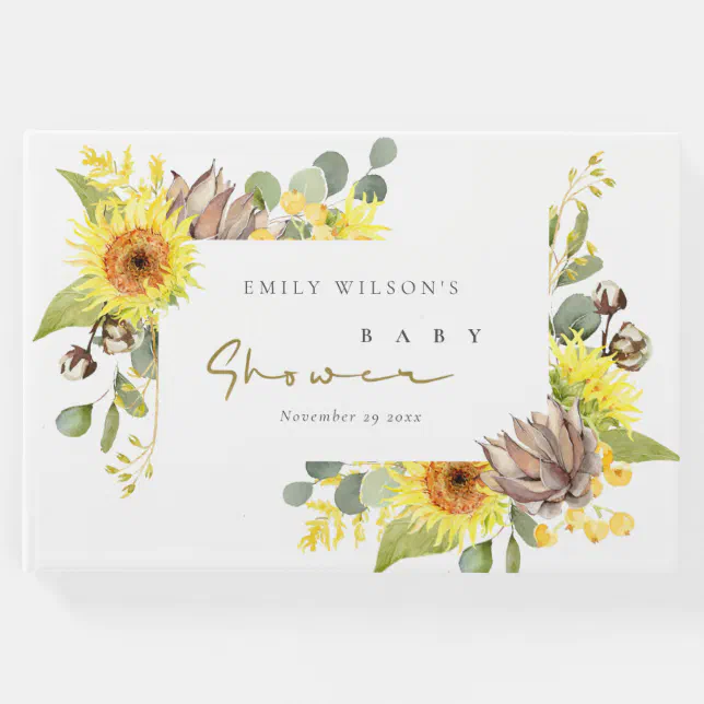 RUSTIC SUNFLOWER EUCALYPTUS FLORAL BABY SHOWER GUEST BOOK | Zazzle
