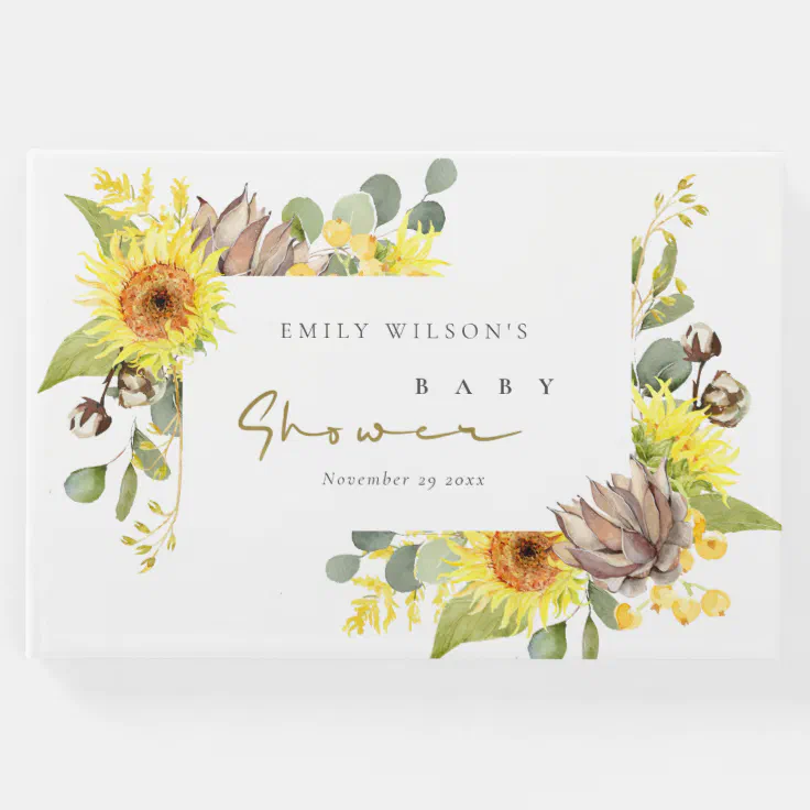 RUSTIC SUNFLOWER EUCALYPTUS FLORAL BABY SHOWER GUEST BOOK | Zazzle