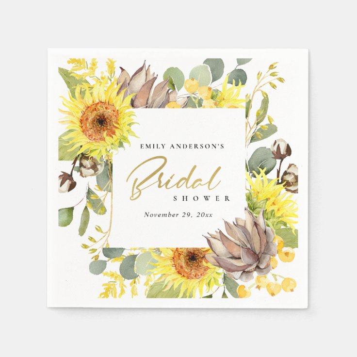 RUSTIC SUNFLOWER EUCALYPTUS FLORAL BRIDAL SHOWER NAPKINS | Zazzle