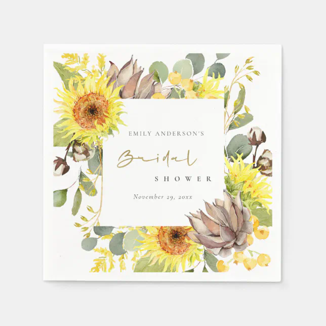 RUSTIC SUNFLOWER EUCALYPTUS FLORAL BRIDAL SHOWER NAPKINS | Zazzle