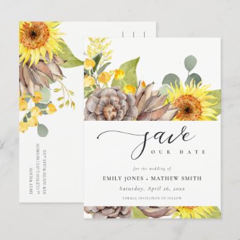 RUSTIC SUNFLOWER EUCALYPTUS FLORAL SAVE THE DATE ANNOUNCEMENT POSTCARD ...