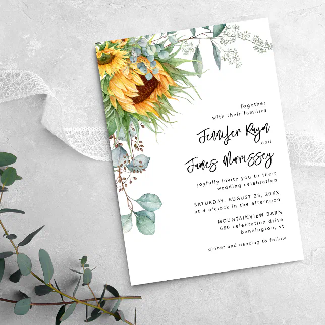 Rustic Sunflower Eucalyptus Floral Wedding Invitation | Zazzle