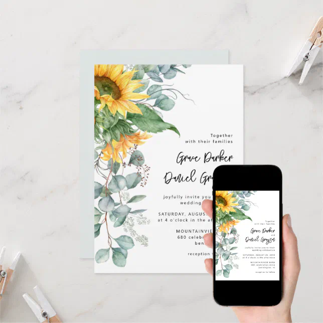 Rustic Sunflower Eucalyptus Floral Wedding Invitation | Zazzle