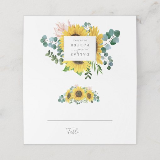 Rustic Sunflower Eucalyptus Folded Wedding Place Card | Zazzle