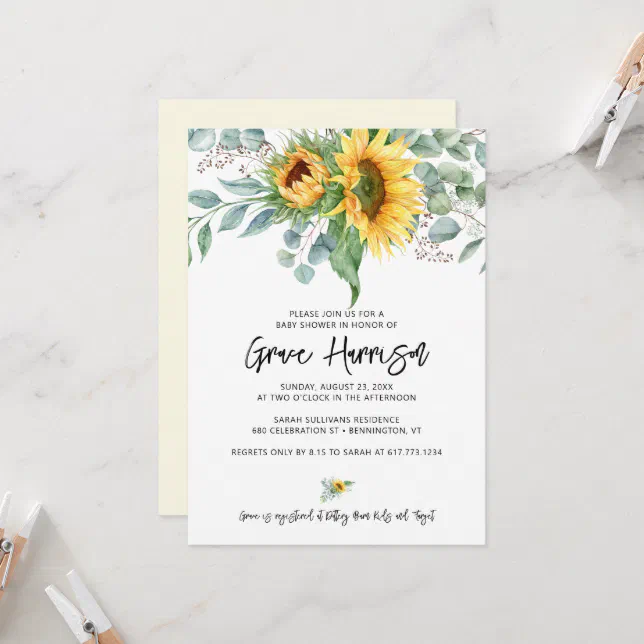 Rustic Sunflower Eucalyptus Greenery Baby Shower Invitation | Zazzle