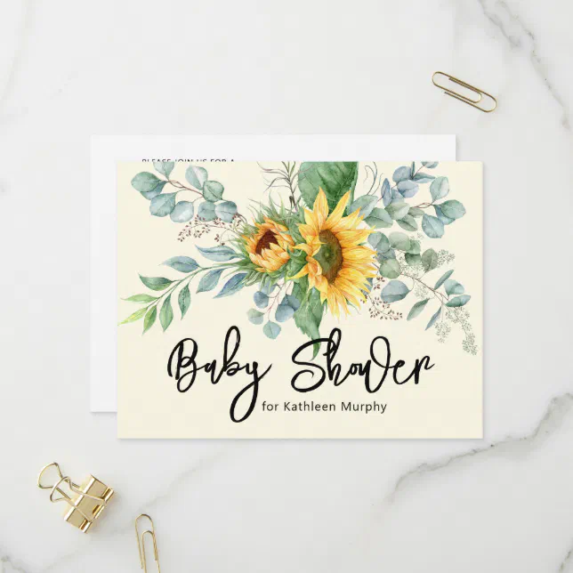 Rustic Sunflower Eucalyptus Greenery Baby Shower Invitation Postcard ...