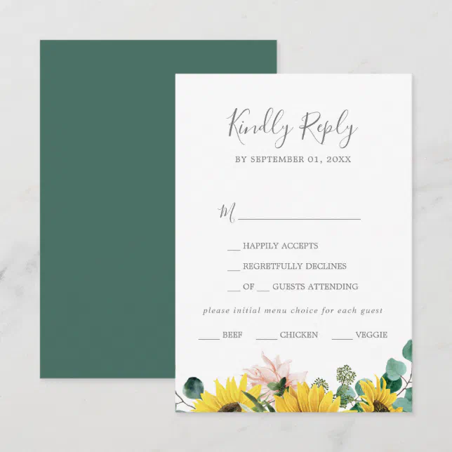 Rustic Sunflower Eucalyptus Menu Choice RSVP Card | Zazzle