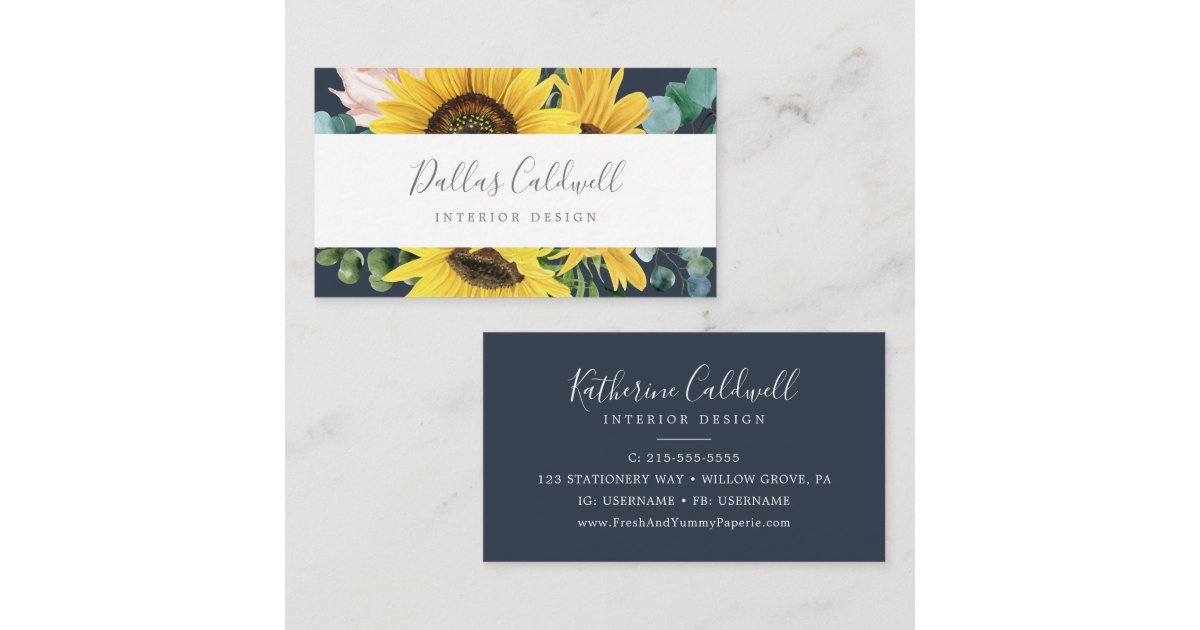 Rustic Sunflower Eucalyptus | Navy Business Card | Zazzle.com