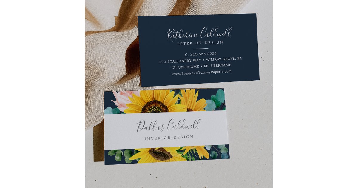 Rustic Sunflower Eucalyptus | Navy Business Card | Zazzle