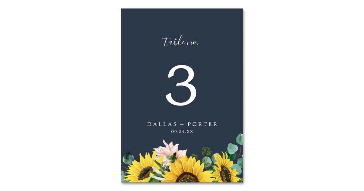 Rustic Sunflower Eucalyptus | Navy Table Number | Zazzle