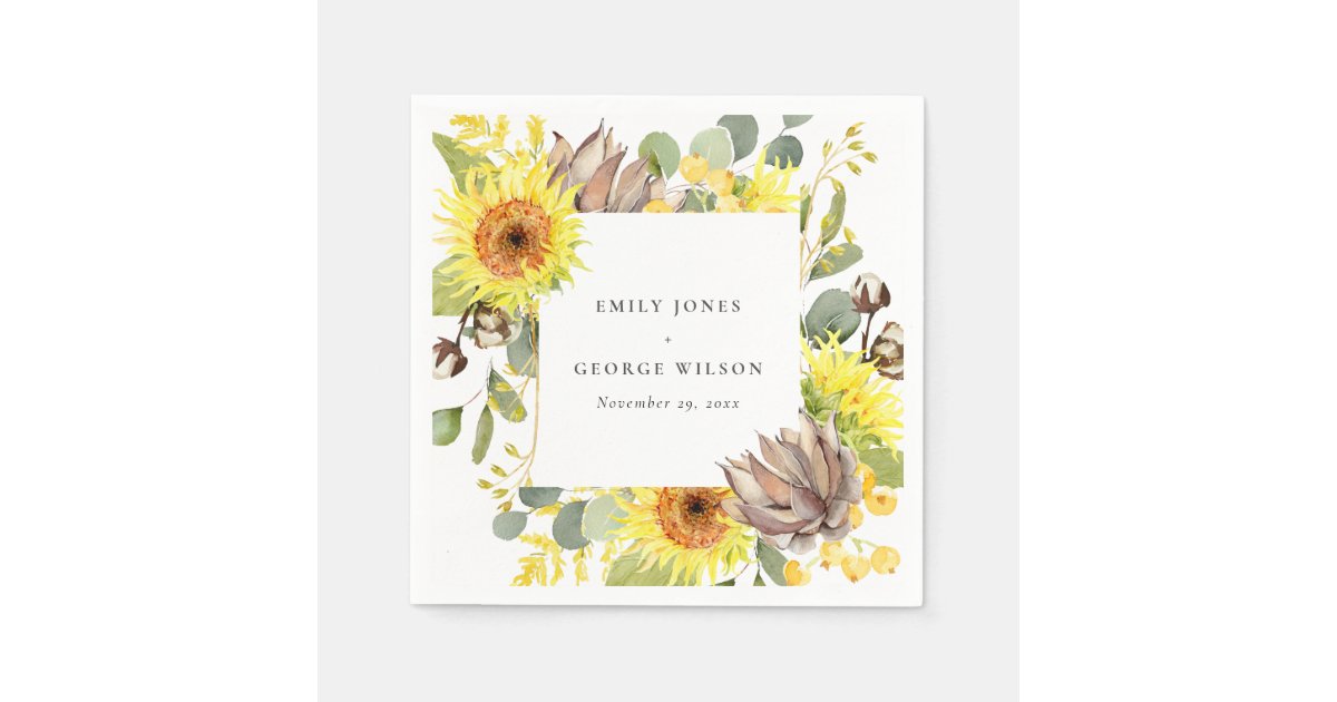 RUSTIC SUNFLOWER EUCALYPTUS PINE FLORAL WEDDING NAPKINS | Zazzle