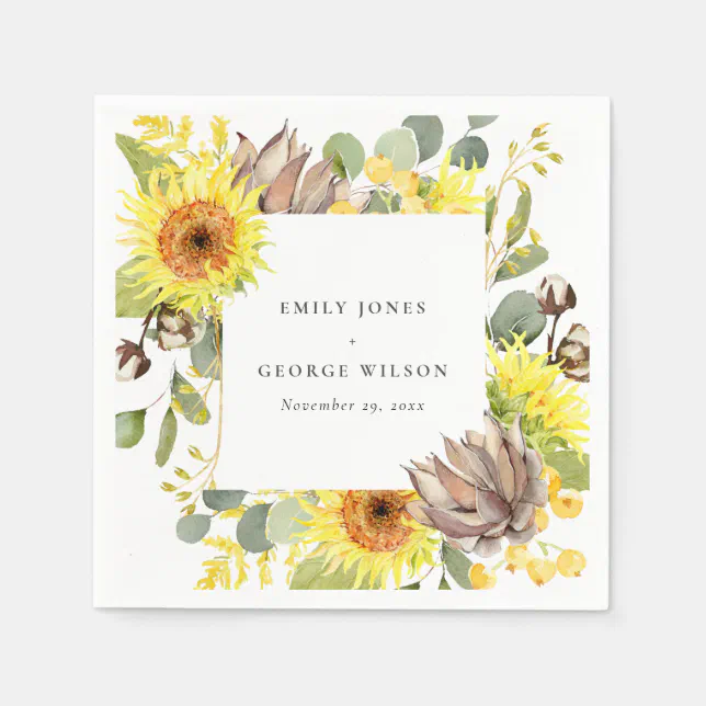 RUSTIC SUNFLOWER EUCALYPTUS PINE FLORAL WEDDING NAPKINS | Zazzle