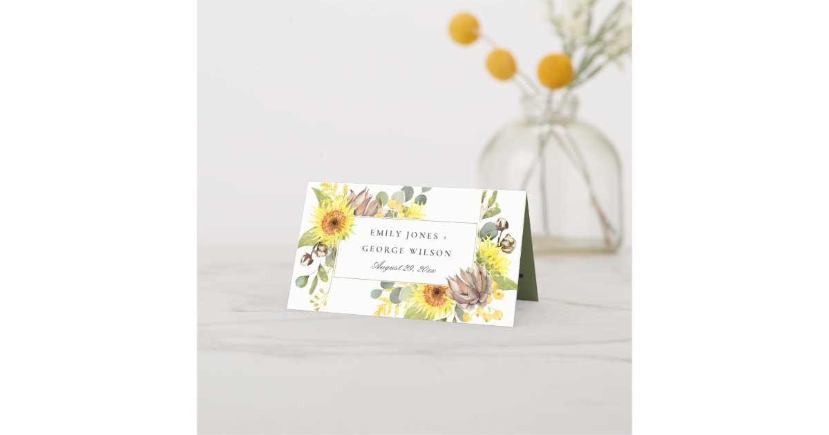RUSTIC SUNFLOWER EUCALYPTUS PINE FLORAL WEDDING PLACE CARD | Zazzle