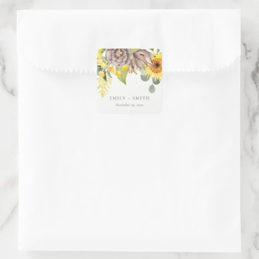 RUSTIC SUNFLOWER EUCALYPTUS PINE FLORAL WEDDING SQUARE STICKER | Zazzle