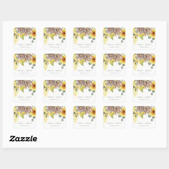 RUSTIC SUNFLOWER EUCALYPTUS PINE FLORAL WEDDING SQUARE STICKER | Zazzle
