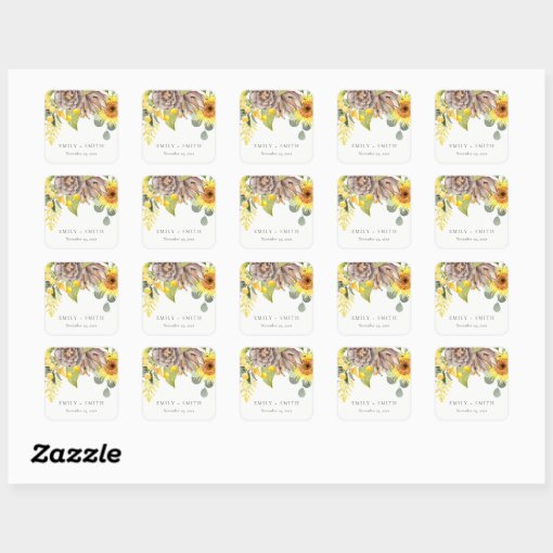 RUSTIC SUNFLOWER EUCALYPTUS PINE FLORAL WEDDING SQUARE STICKER | Zazzle